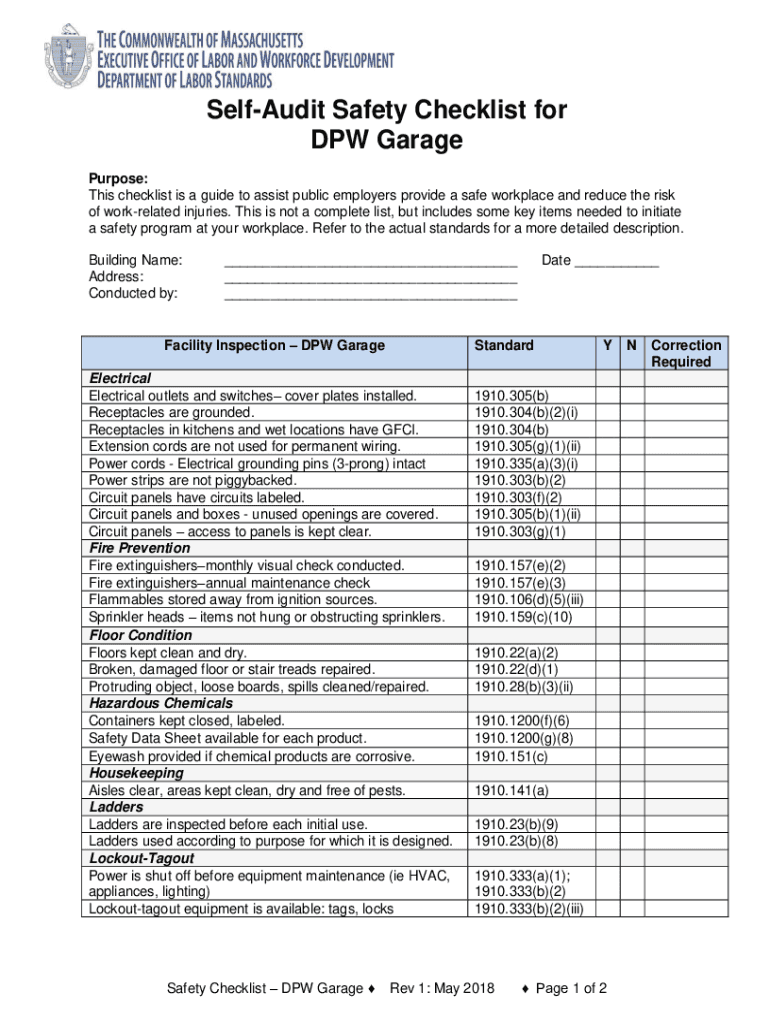 Fillable Online www.mass.govfilesdocumentsSelf-Audit Safety Checklist ...