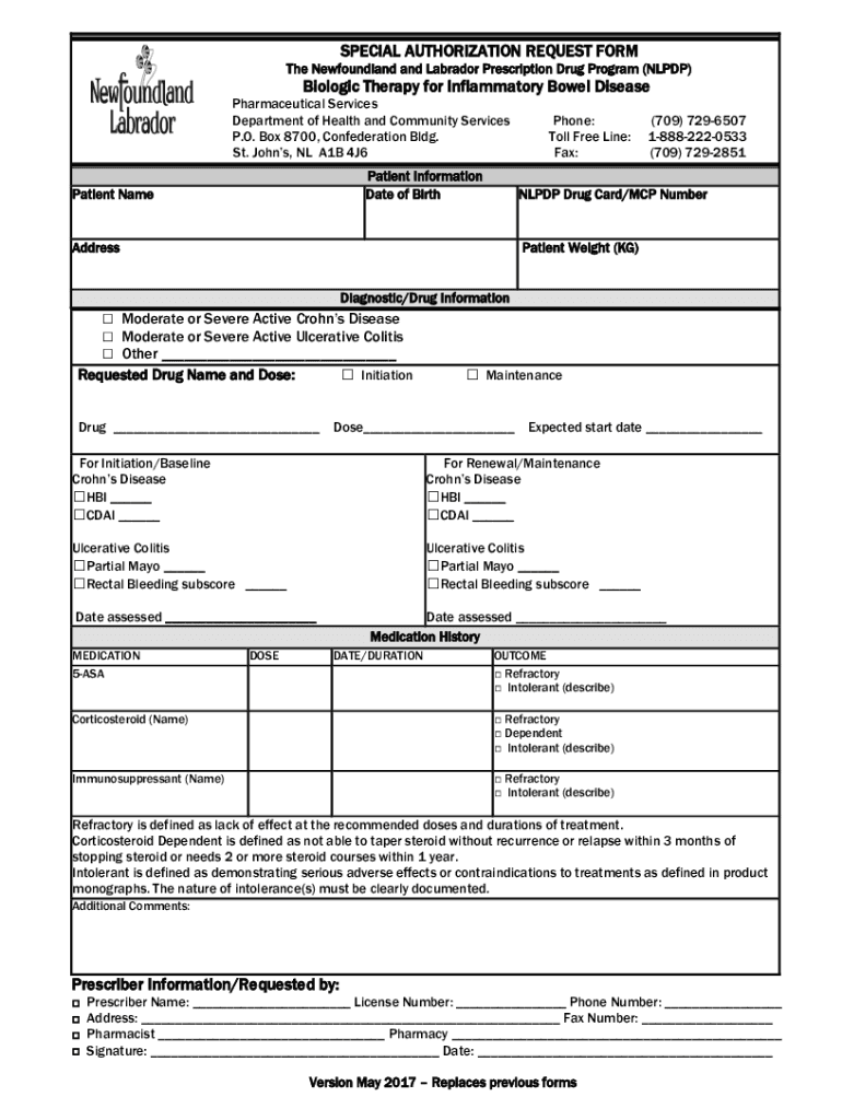 Fillable Online SPECIAL AUTHORIZATION REQUEST FORM The Newfoundland and ...