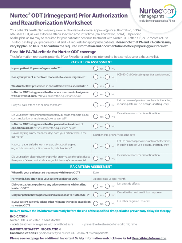 Fillable Online How to Get Nurtec ODT (rimegepant)Acute Treatment of Migraine and Preventive ...