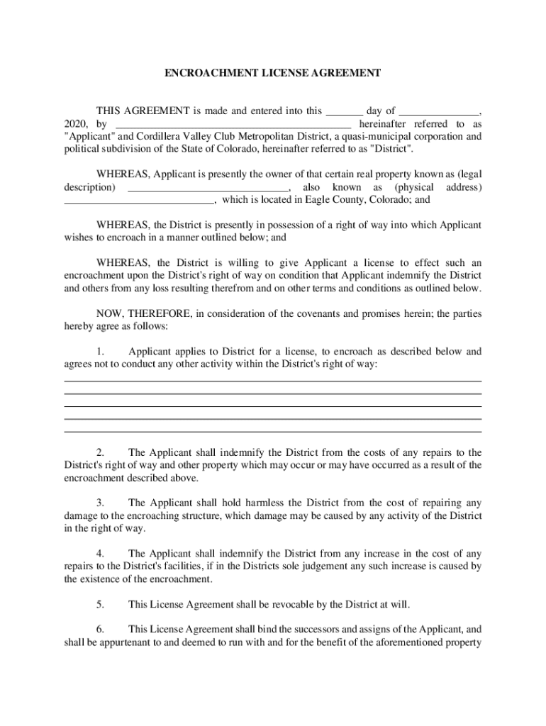 Fillable Online ENCROACHMENT LICENSE AND COVENANT AGREEMENT Sample ...