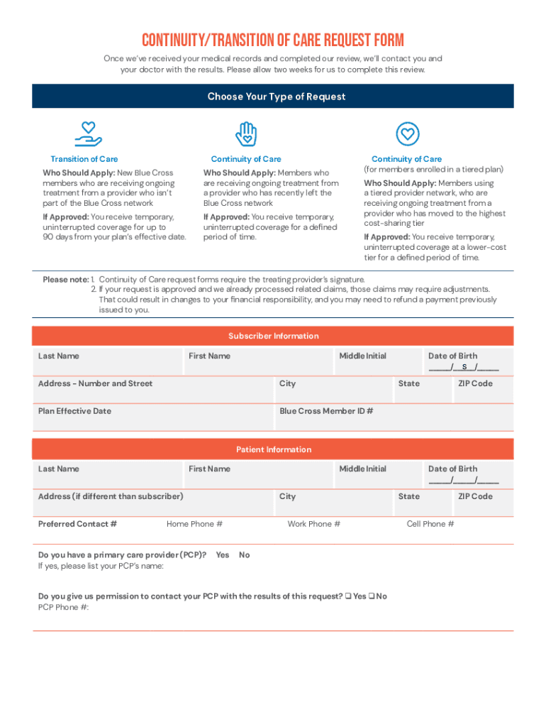 Fillable Online provider.bluecrossma.comProviderHomewcmCONTINUITY/TRANSITION OF CARE REQUEST ...