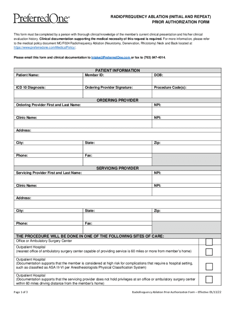 Fillable Online RADIOFREQUENCY ABLATION (INITIAL AND REPEAT) PRIOR AUTHORIZATION FORM Fax Email ...