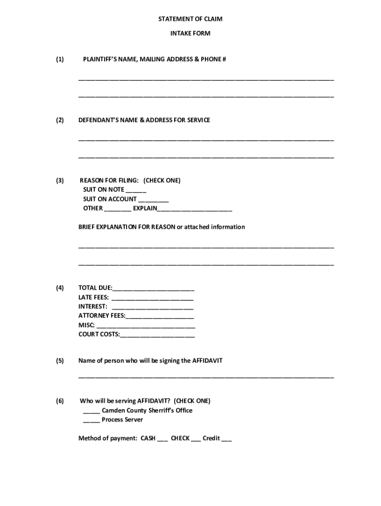 Fillable Online STATEMENT OF CLAIM INTAKE FORM (1) PLAINTIFF'S NAME ...