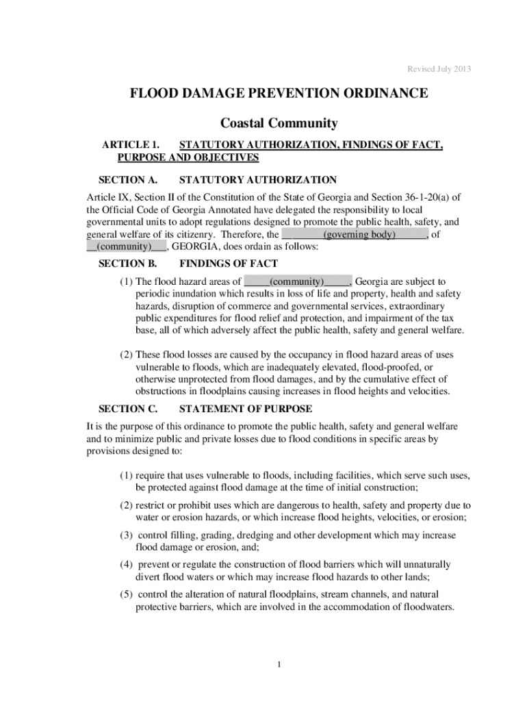 Fillable Online FLOOD DAMAGE PREVENTION ORDINANCE Coastal Community Fax ...