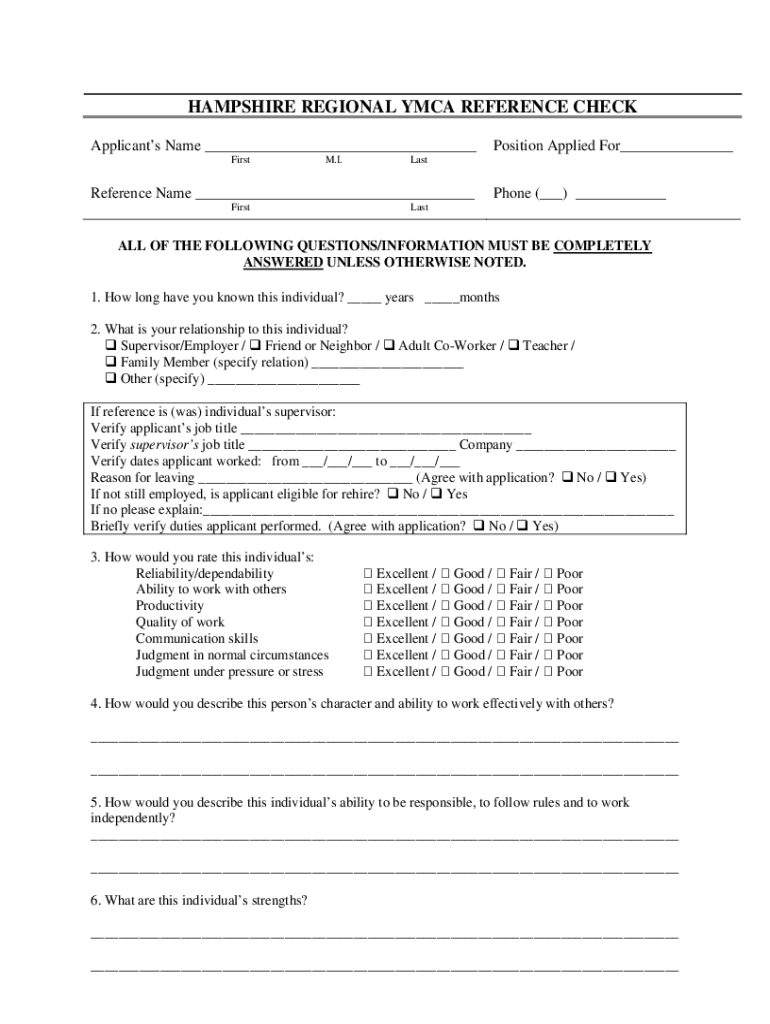Fillable Online SAMPLE YMCA TELEPHONE REFERENCE CHECK Fax Email Print - pdfFiller