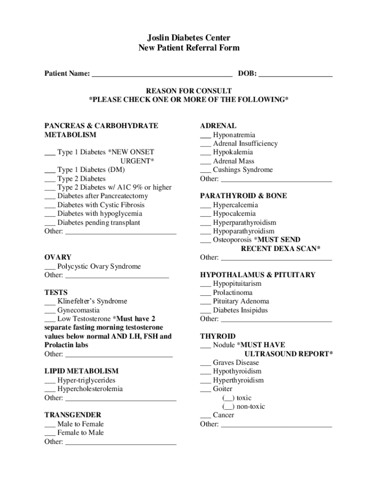 Joslin Diabetes Center New Patient Referral Form - Blank Fillable ...