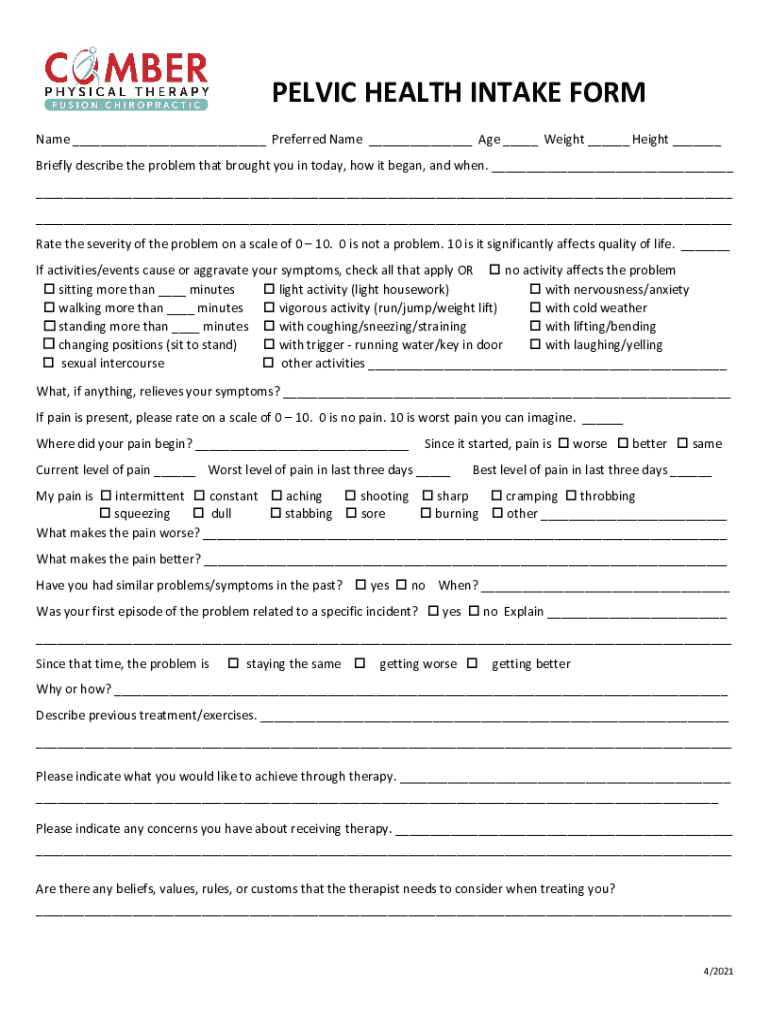 Fillable Online PELVIC HEALTH INTAKE FORM - Comber Physical Therapy ...