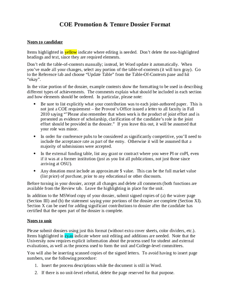 COE Promotion & Tenure Dossier at - Studylib Doc Template | pdfFiller