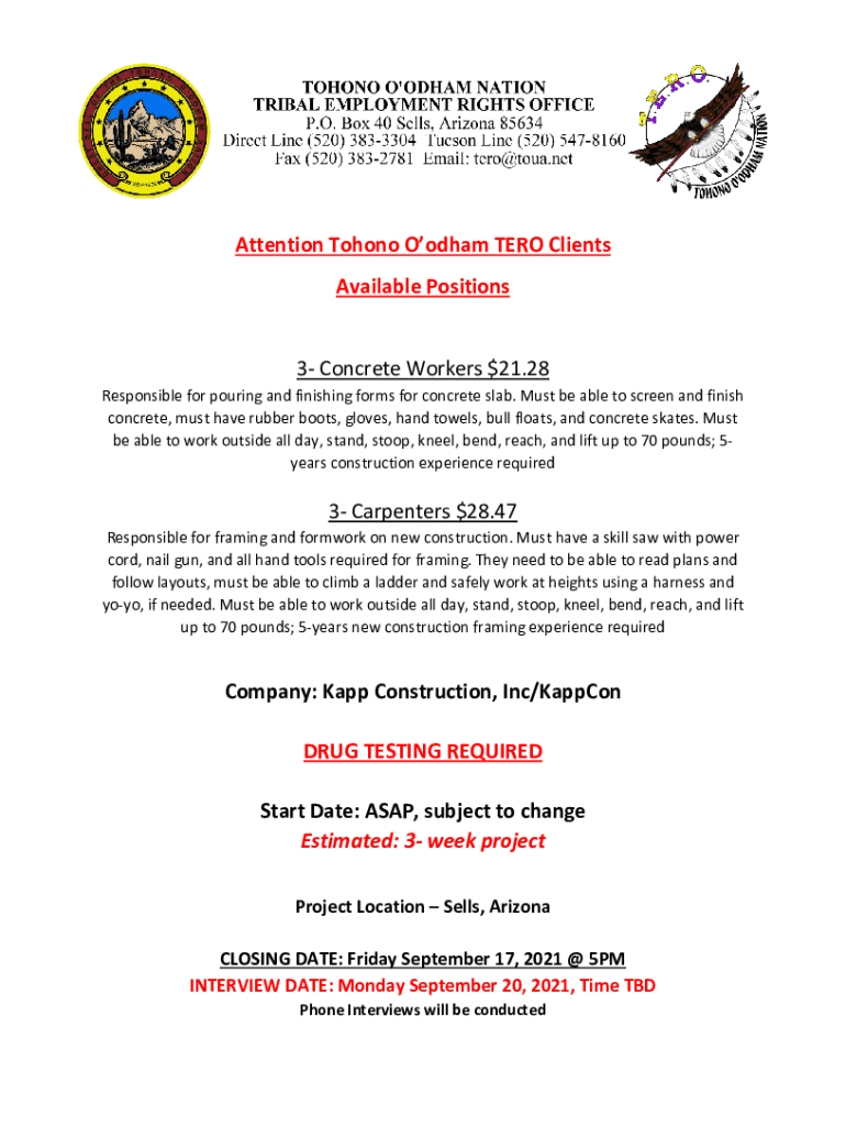 Fillable Online Attention Tohono O'odham TERO Clients Available ...