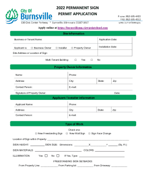 Fillable Online burnsvillemn.govDocumentCenterView2022 PERMANENT SIGN PERMIT APPLICATION ...