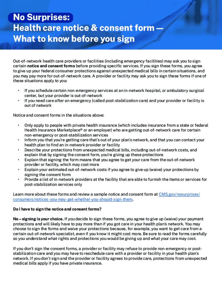 Fillable Online No Surprises: Health care notice & consent form Fax ...