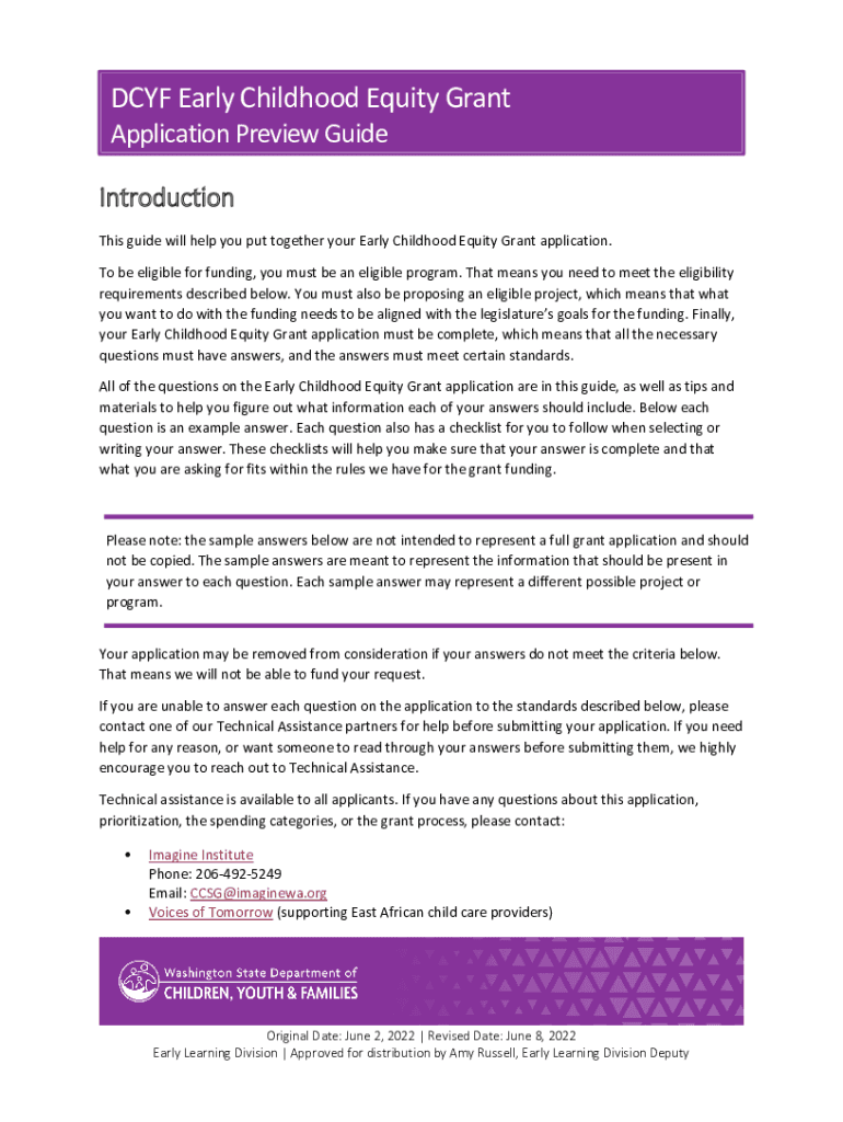 Fillable Online DCYF Early Childhood Equity GrantWashington State Department of ... Fax Email ...
