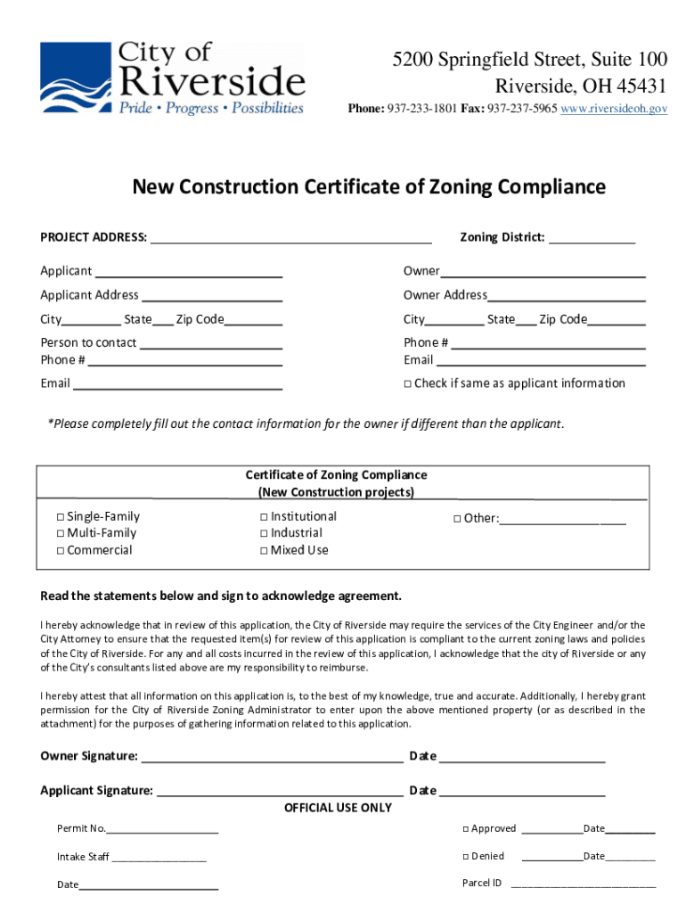 Fillable Online New Construction Certificate of Zoning Compliance Fax ...