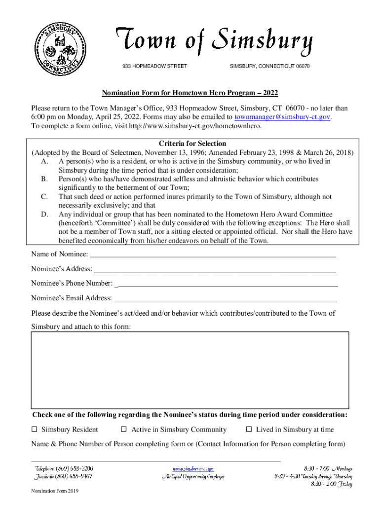 Fillable Online Nomination Form for Hometown Hero Program 2022 Please ...