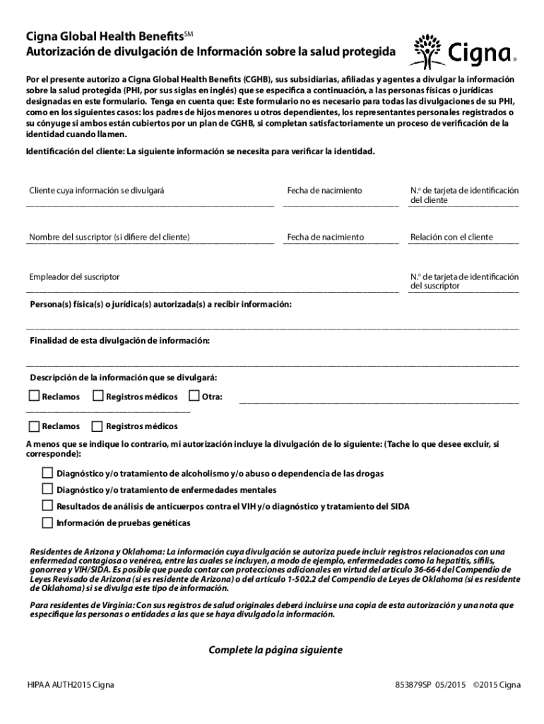Cigna HIPAA Authorization Form - Plantilla Rellenable en Blanco ...