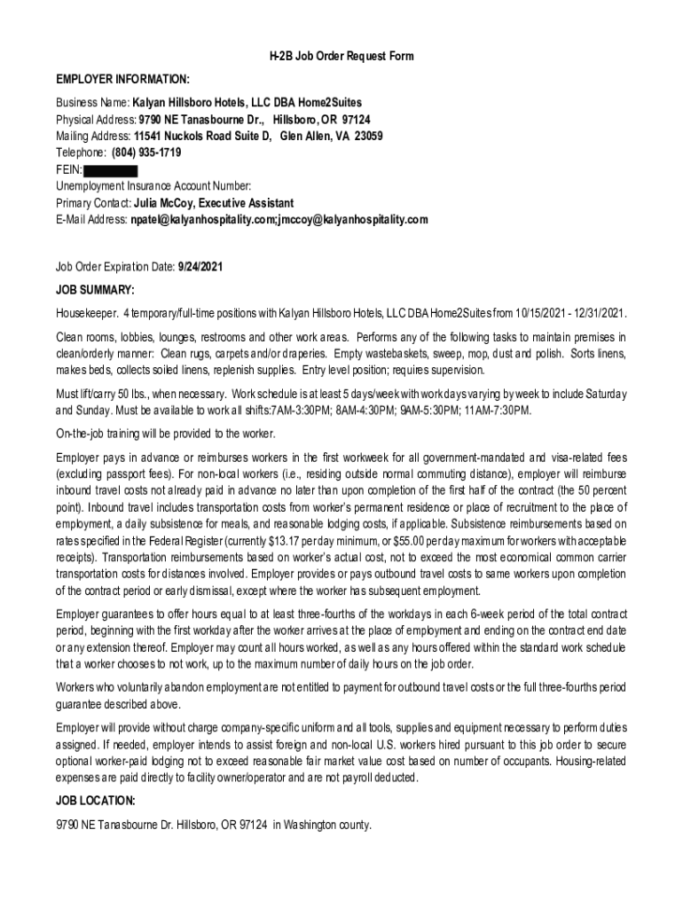 Fillable Online H-2B Job Order Request Form EMPLOYER INFORMATION ...
