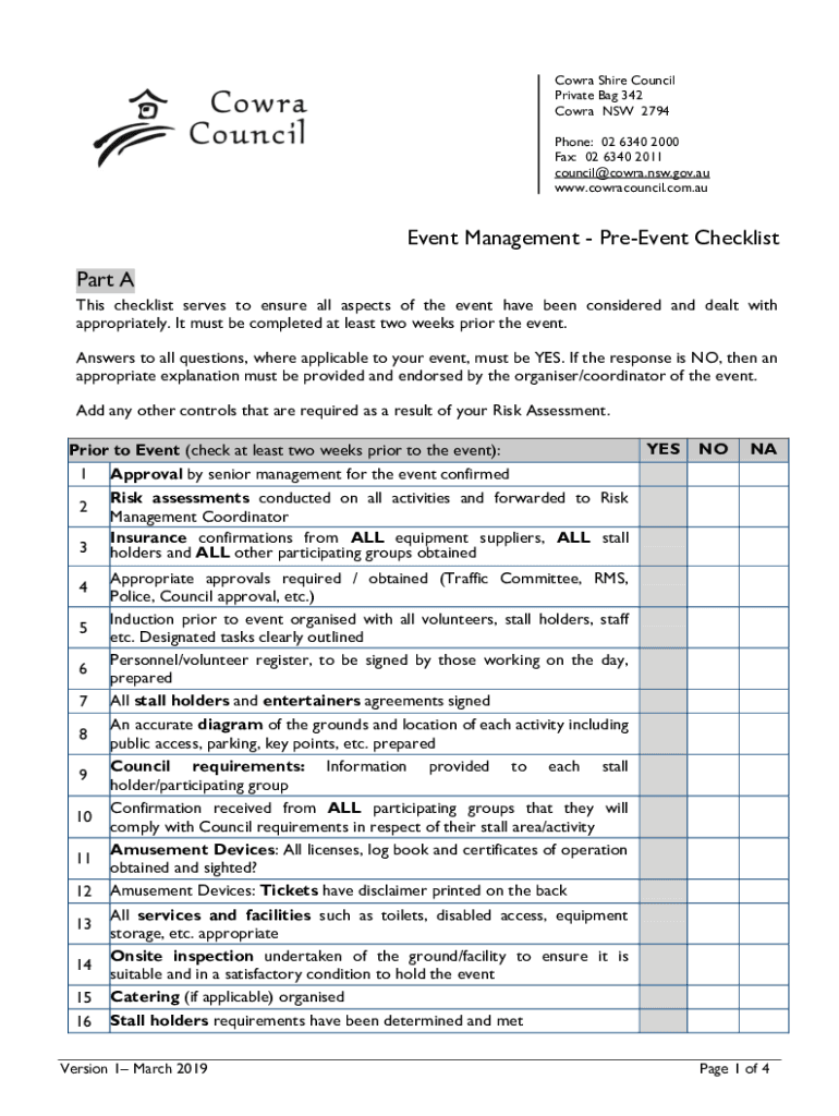 Fillable Online Forms - Event Management- Pre-Event Check List Part A ...