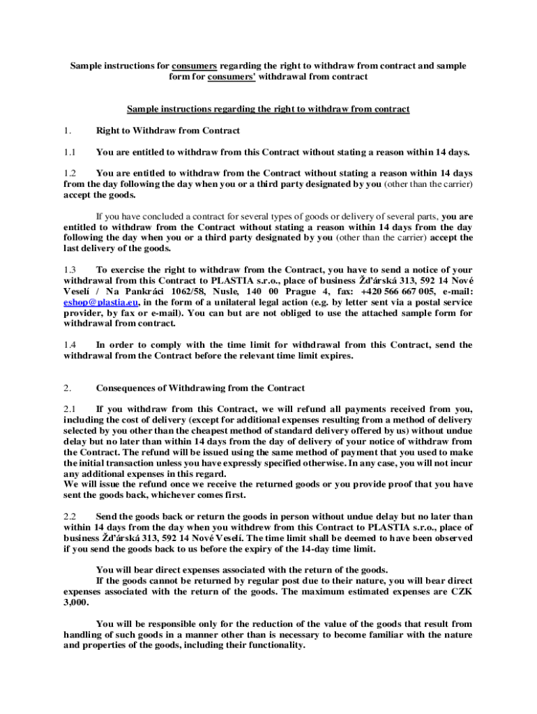 Fillable Online Right of withdrawal for consumers and model withdrawal ...