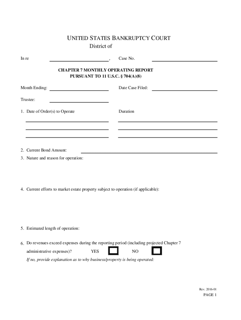 Fillable Online CH7 Monthly Operating Report Form. CH7 Monthly ...