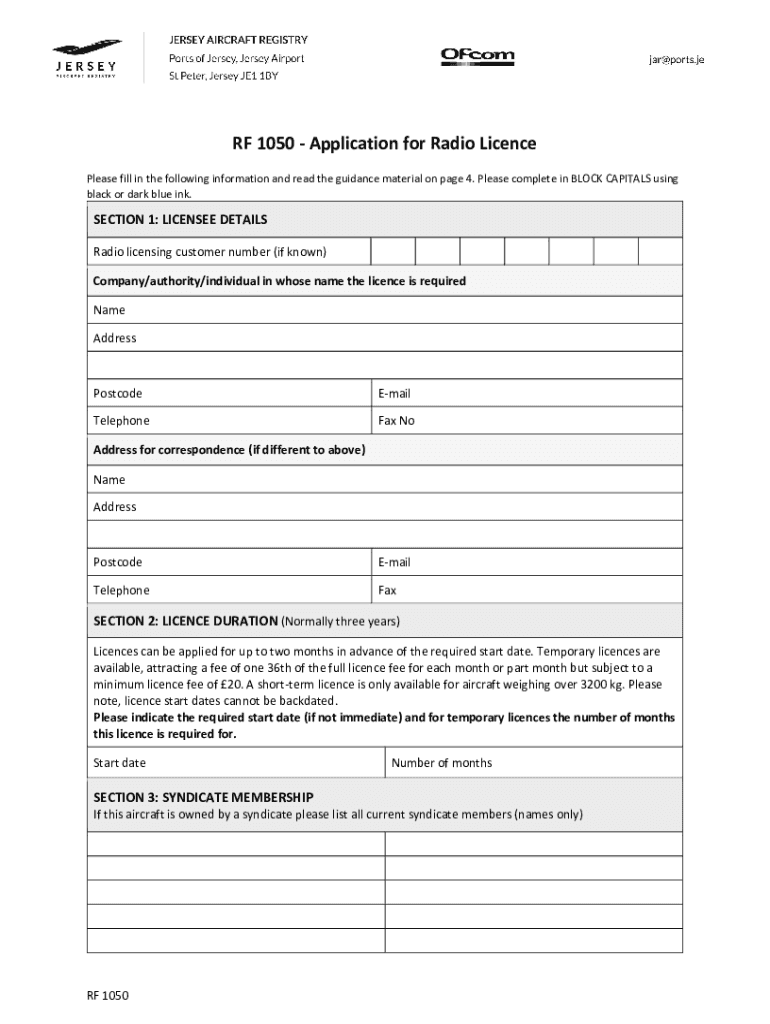 Fillable Online RF 1050 Application for Radio Licence Fax Email Print ...