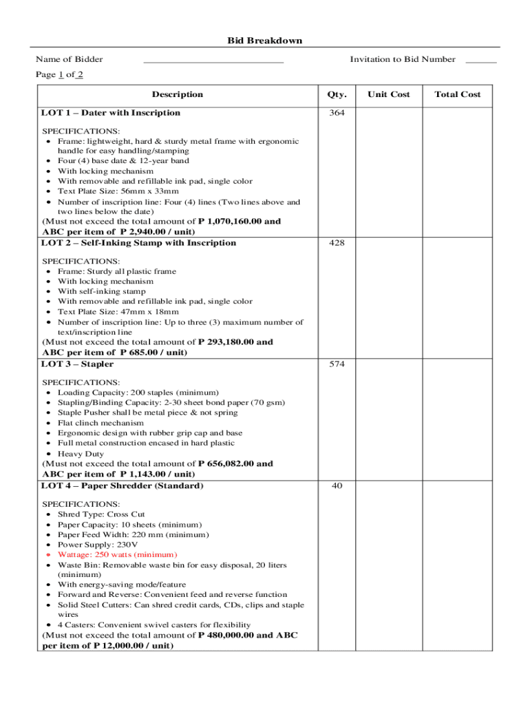 Fillable Online www.des.wa.govBCB-LSR1Bid Cost Breakdown Form ...