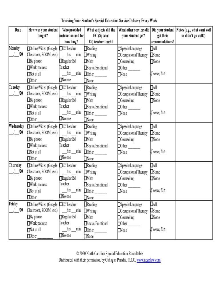 Fillable Online Sample Form to Tracking Your Student's Special ...