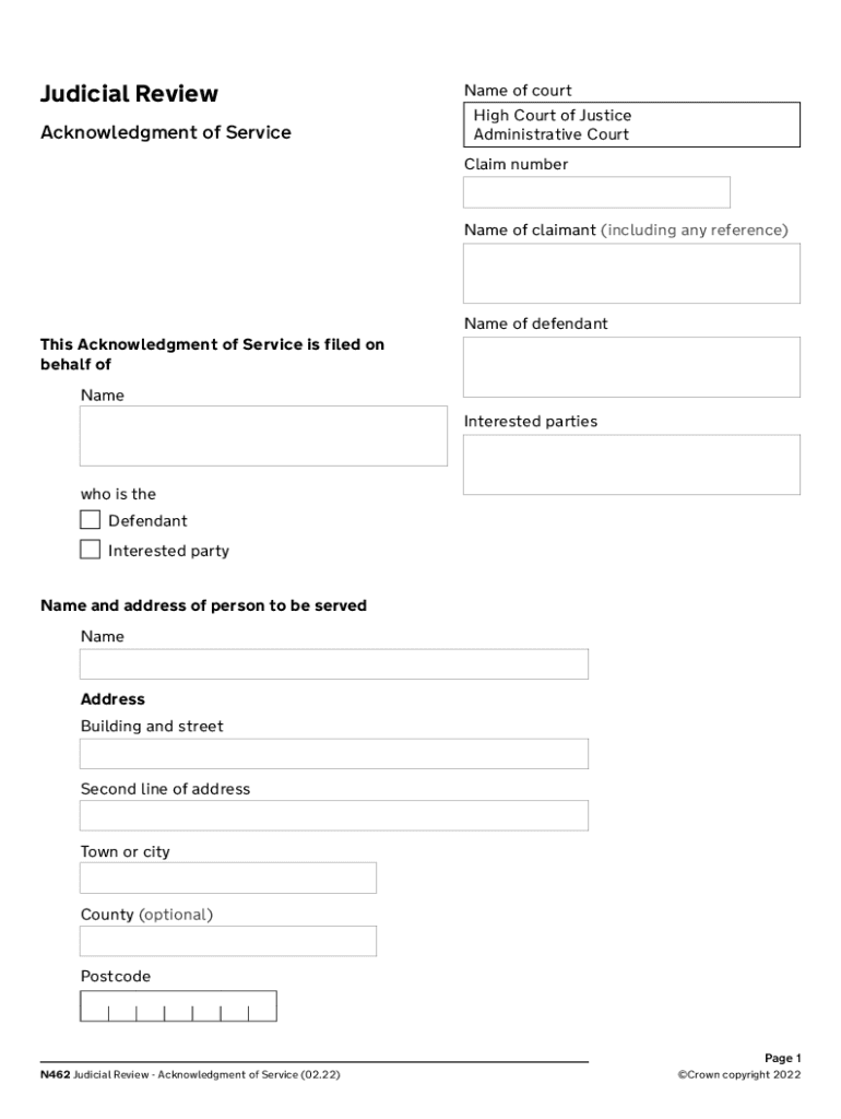 Fillable Online Form N462: Judicial review acknowledgment of service ...