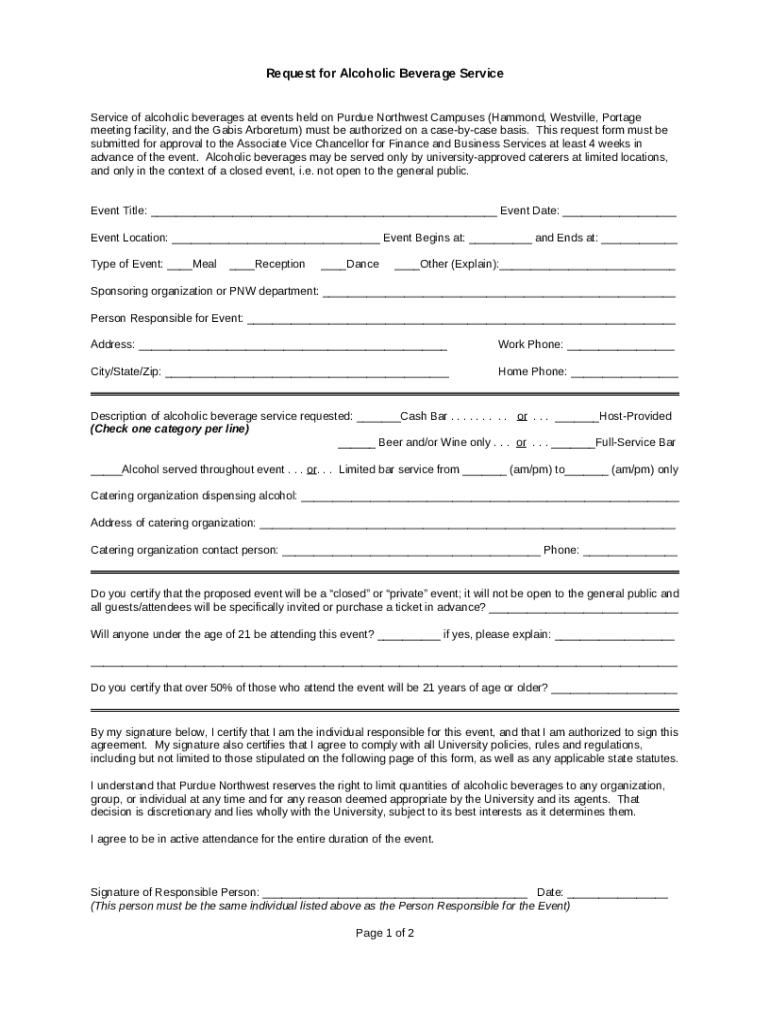 Request for Service of Alcoholic Beverages at Doc Template | pdfFiller