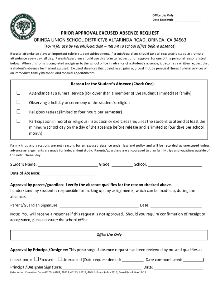 Fillable Online go.boarddocs.comcaorindaPRIOR APPROVAL EXCUSED ABSENCE ...