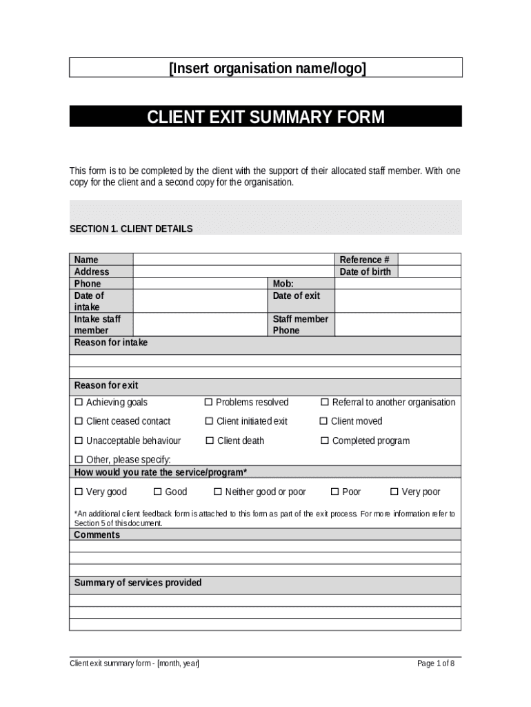 CLIENT EXIT SUMMARY - Home - NADA Doc Template | pdfFiller