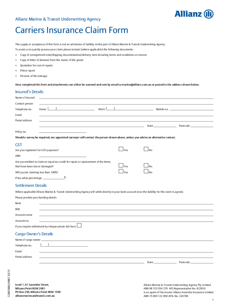 Fillable Online Marine Cargo Insurance Claim Form Fax Email Print ...