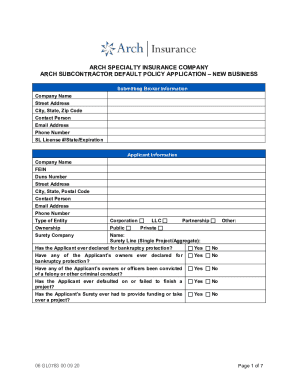 Fillable Online ARCH SPECIALTY INSURANCE COMPANY ARCH SUBCONTRACTOR DEFAULT POLICY ... Fax Email ...