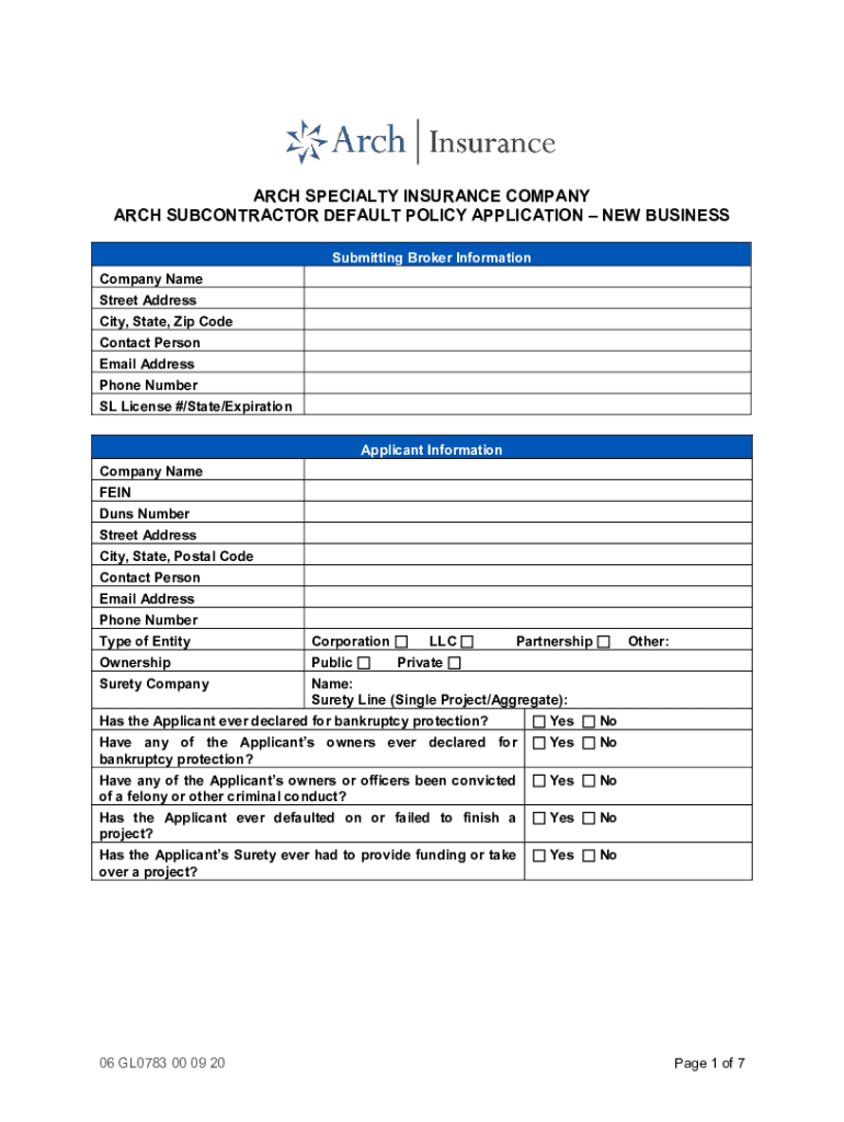Fillable Online ARCH SPECIALTY INSURANCE COMPANY ARCH SUBCONTRACTOR ...
