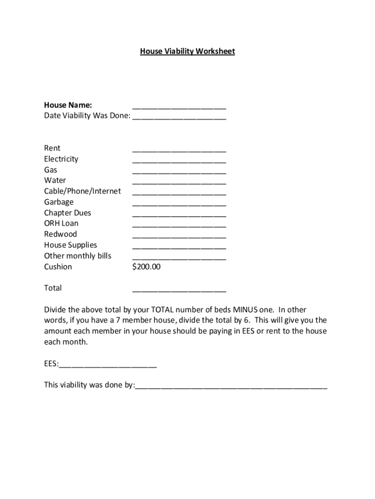 Fillable Online House Viability Worksheet House Name: Fax Email Print - pdfFiller