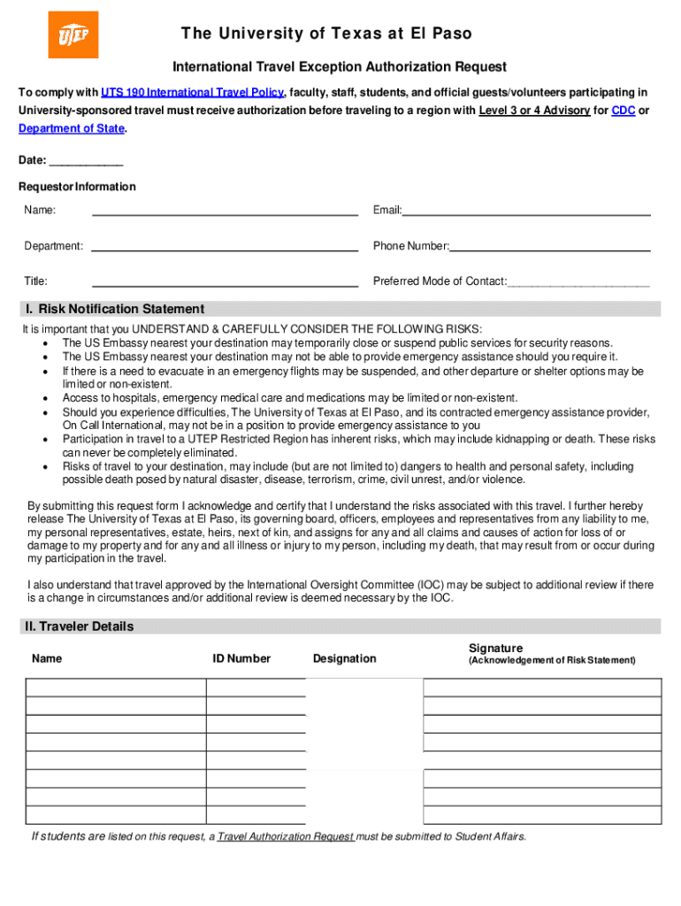 Fillable Online International Travel Exception Authorization Request. International Travel ...