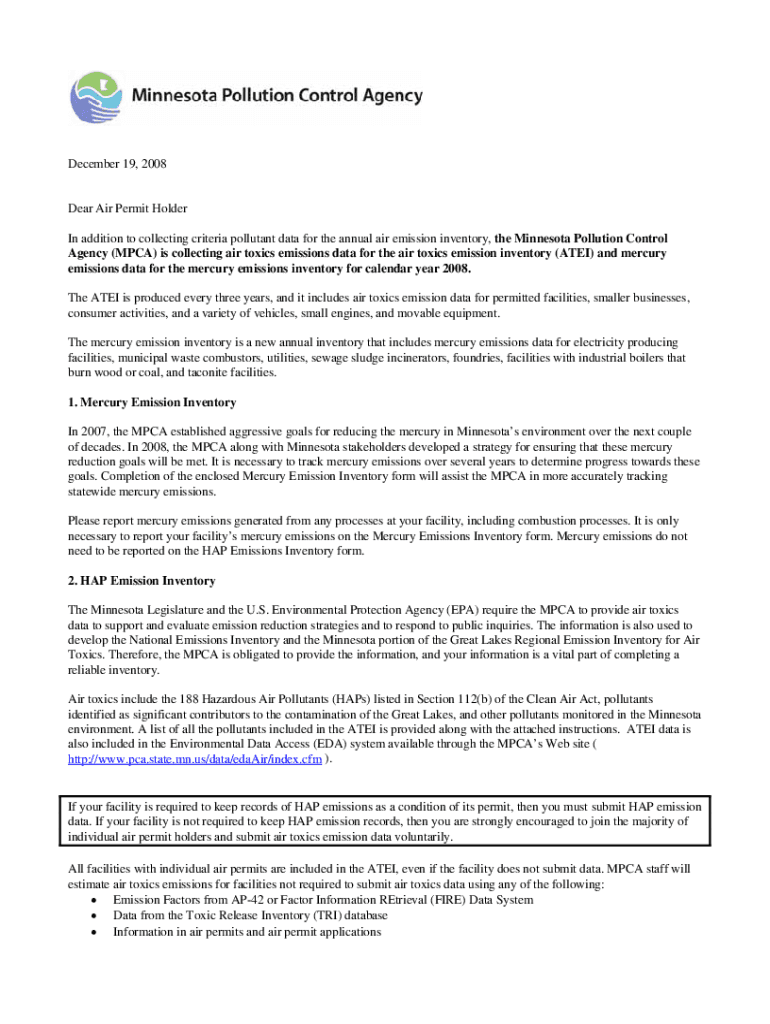 Fillable Online HAP&HgLetterRegular2008. Air toxics emission inventory cover letter for regular ...