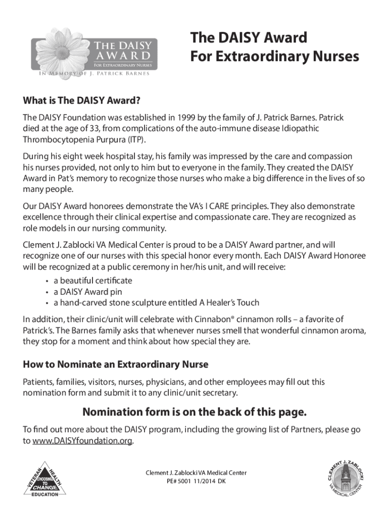 Fillable Online The DAISY Award For Extraordinary Nurses - Veterans ...