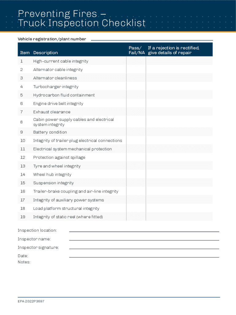 Fillable Online Preventing FiresTruck Inspection Checklist. Preventing ...