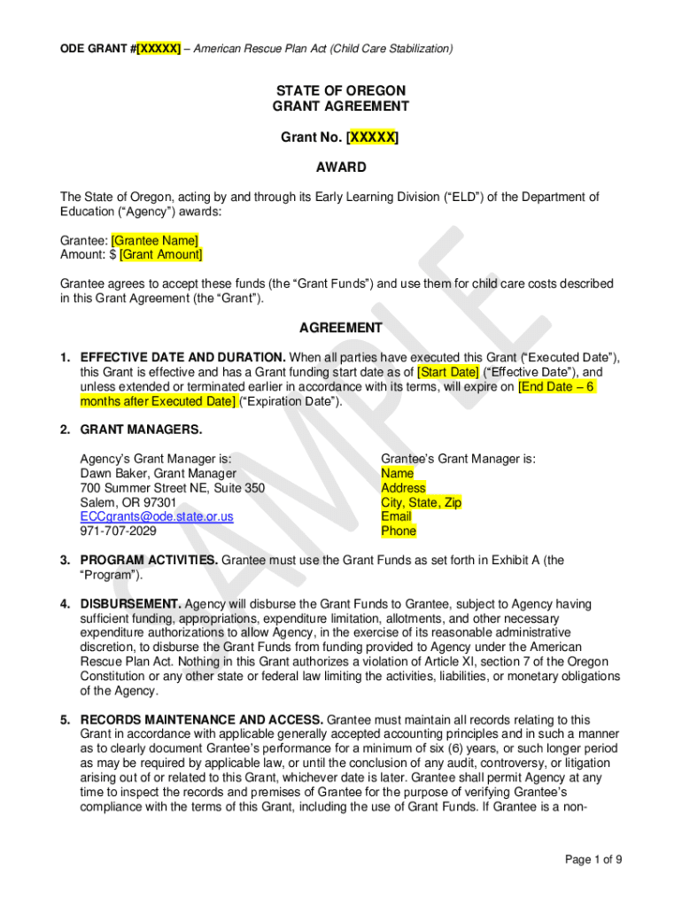 Fillable Online Sample State of Oregon Grant Agreement for the 2021 ...