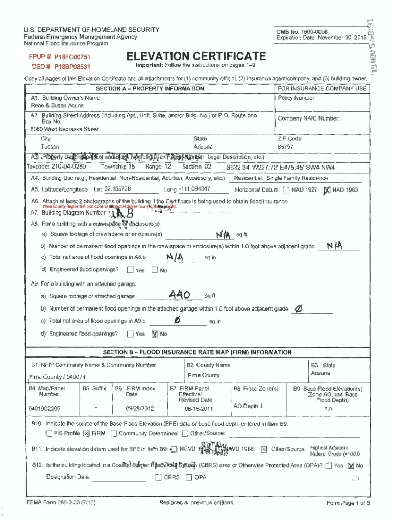 Fillable Online rfcd pima PDF ELEVATION CERTIFICATE - City of Treasure ...