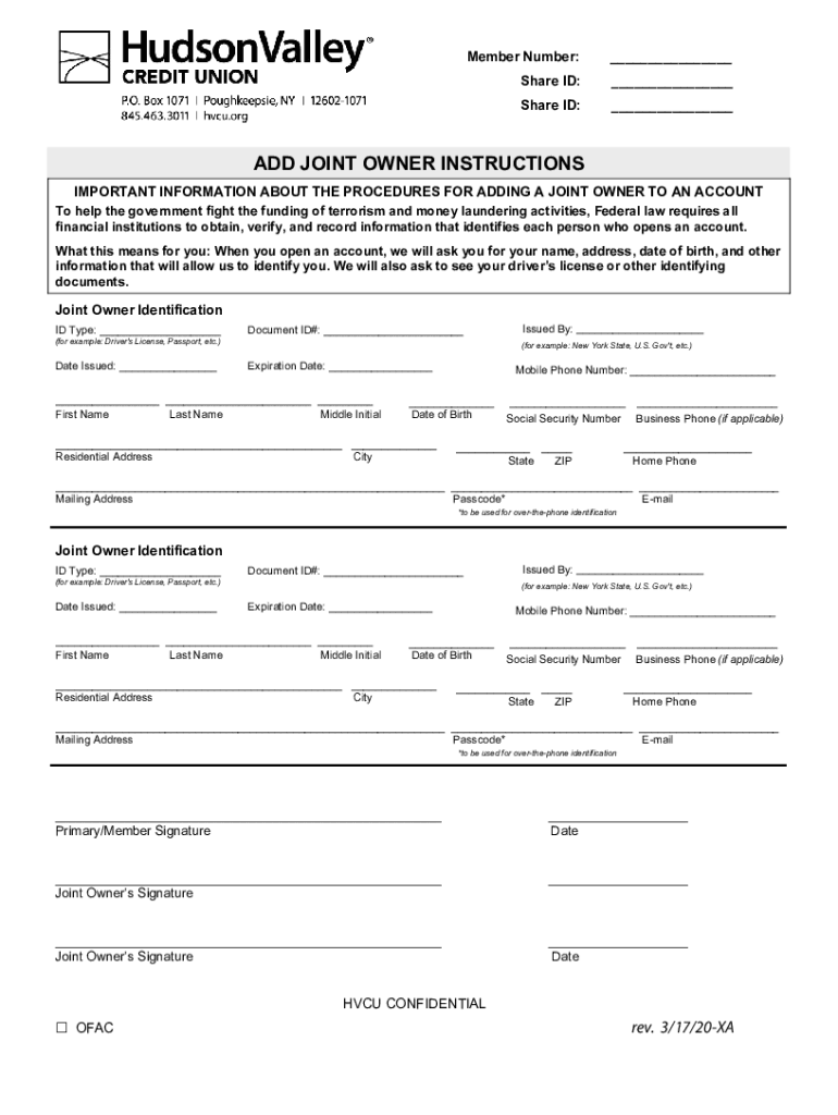 Fillable Online ADD JOINT OWNER INSTRUCTIONS - Hudson Valley Credit ...