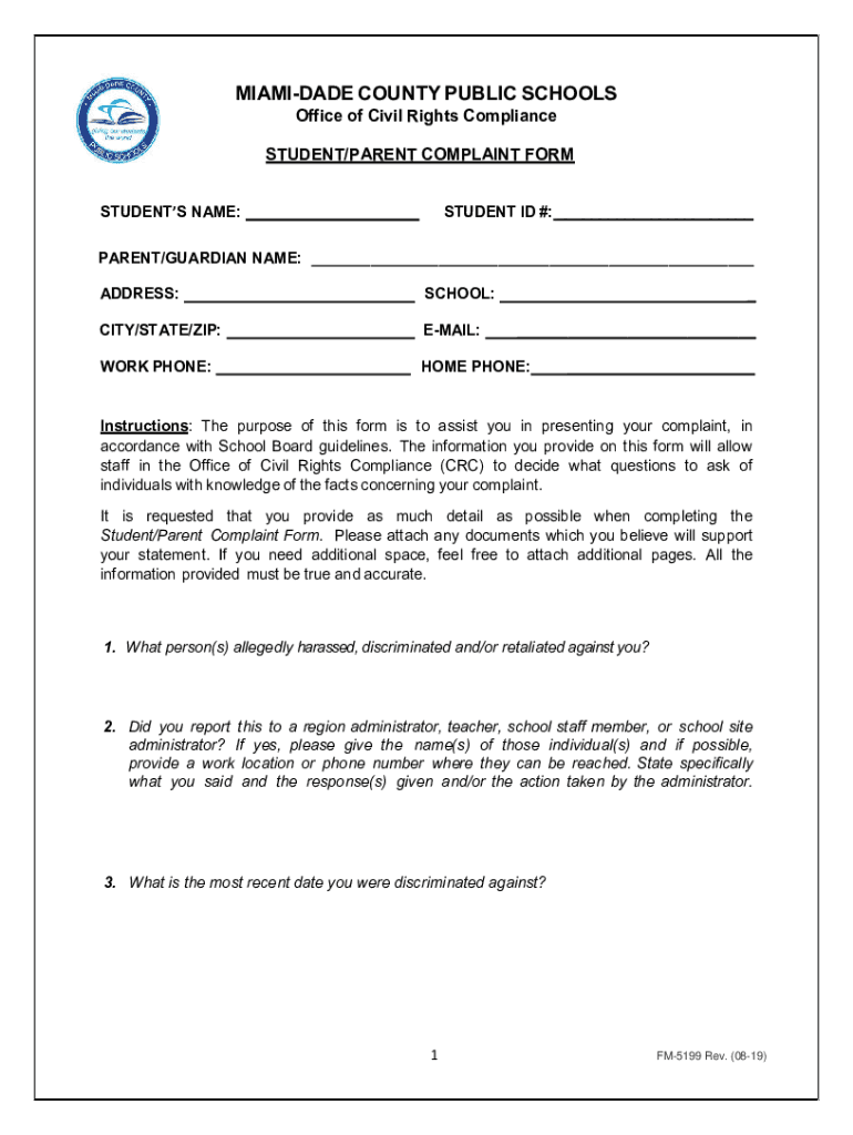 Fillable Online Parent-Student Complaint Form-English-REVISED 9.28.18 Fax Email Print - pdfFiller