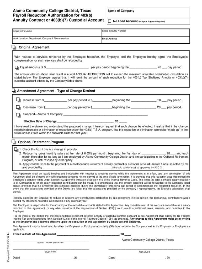 Fillable Online 403(b) SALARY REDUCTION AUTHORIZATION AND AMENDMENT ...
