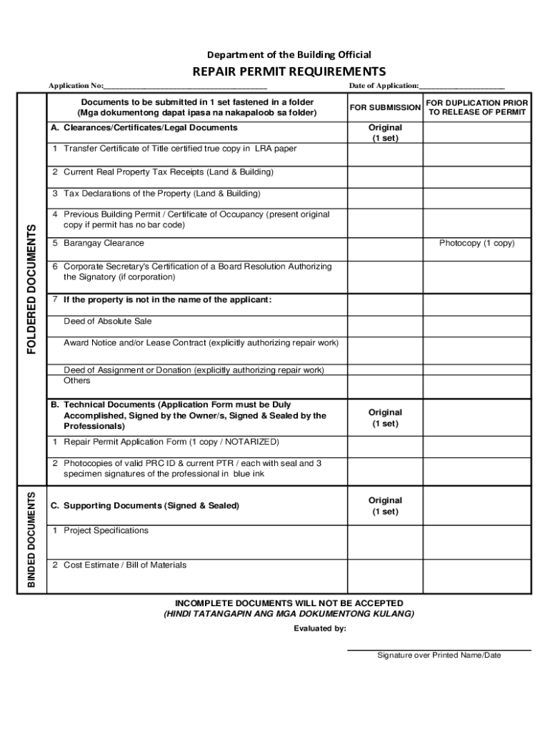 Fillable Online Department of the Building Official REPAIR PERMIT ...