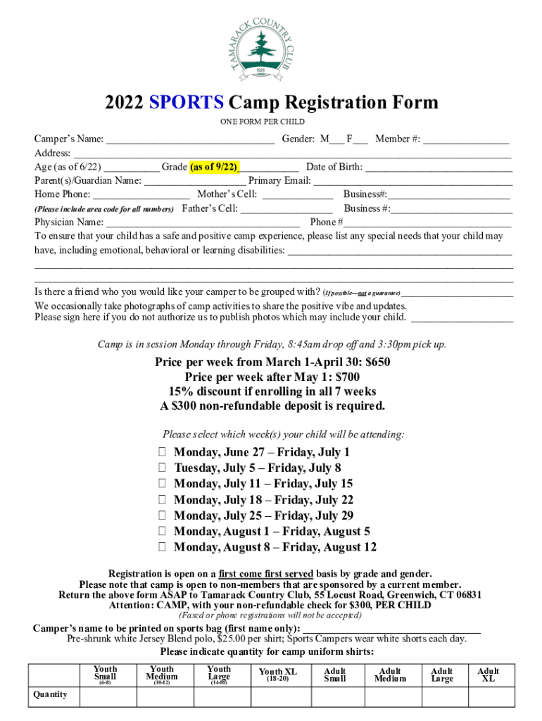 Fillable Online PDF 2022 SPORTS Camp Registration Form - Tamarack ...