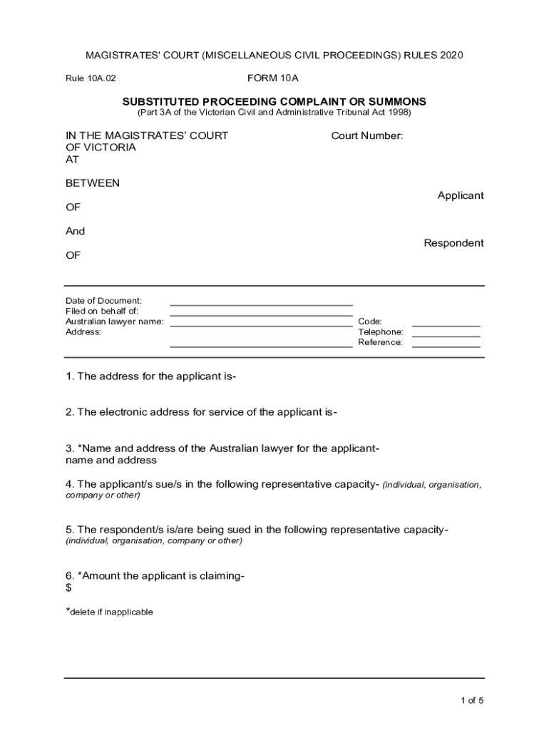 Fillable Online Substituted Proceeding Complaint or Summons - Form 10A ...