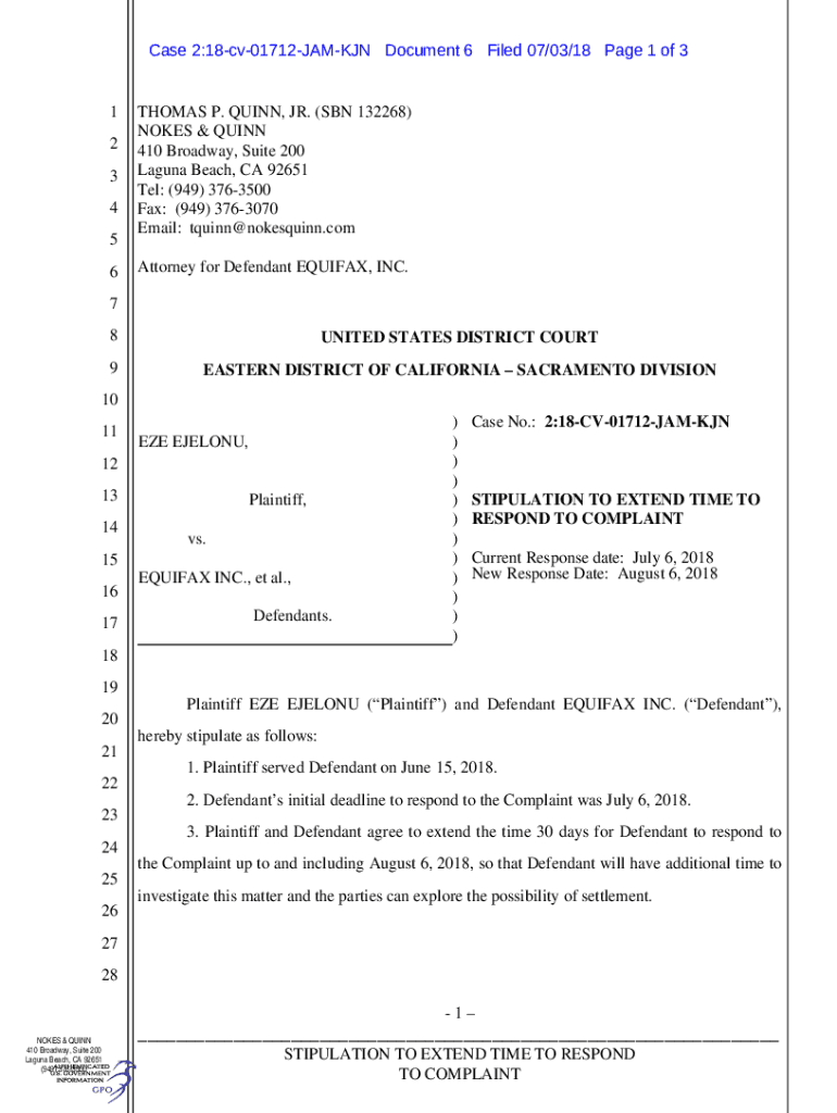 Fillable Online STIPULATION TO EXTEND TIME TO RESPOND TO COMPLAINT 1 ...