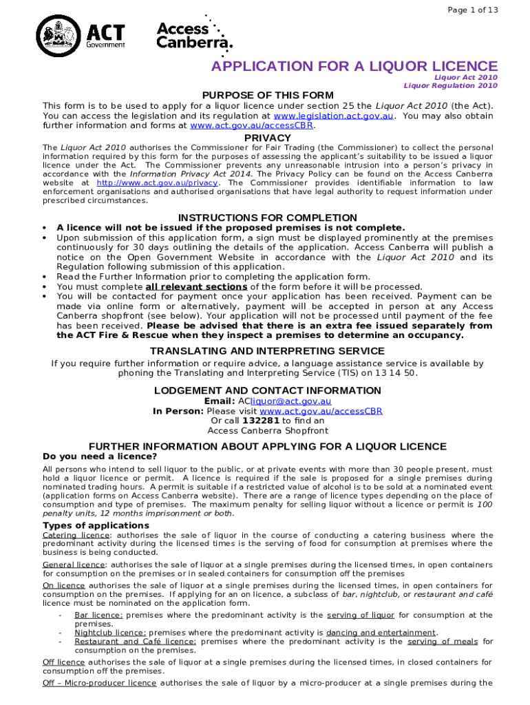 Application for a liquor licence Doc Template | pdfFiller