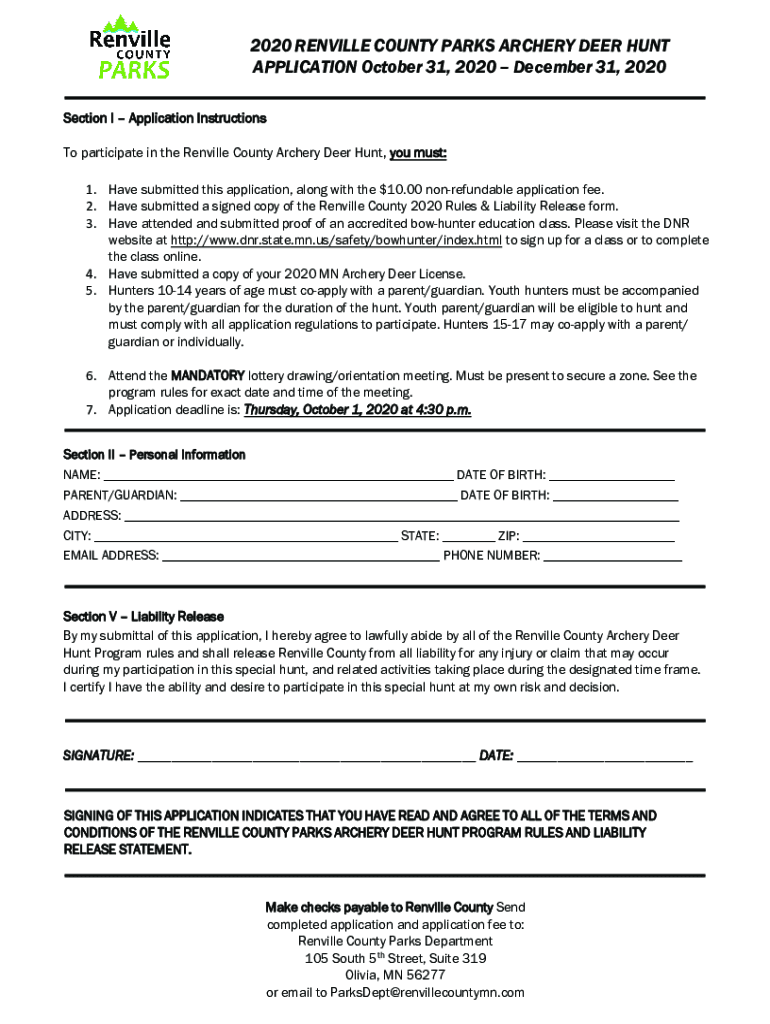 Fillable Online cms2files.revize.comrenvillemnParksandRec2020 RENVILLE COUNTY PARKS ARCHERY DEER ...