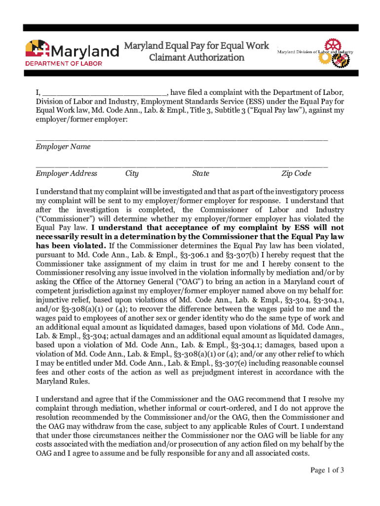 Fillable Online Maryland Equal Pay for Equal Work Claimant Authorization Fax Email Print - pdfFiller